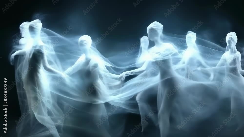 A group of ethereal, ghost-like figures appears to be moving in a dark ...