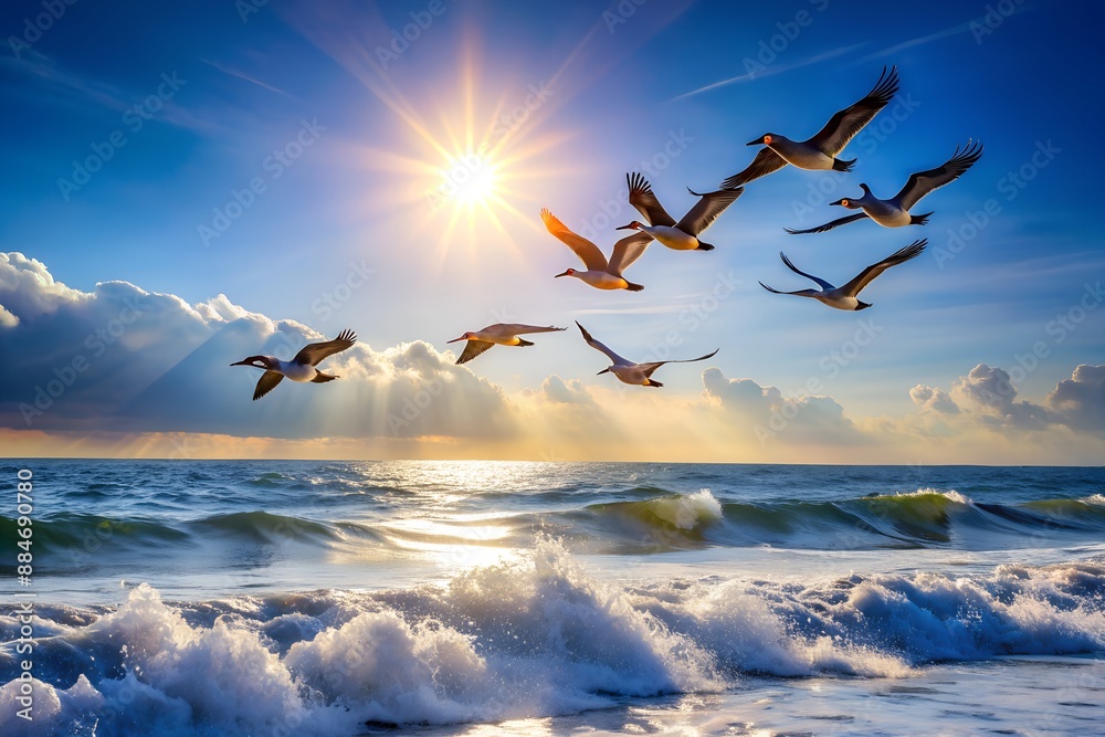 V-formation of geese soaring over the blue ocean waves, sunlight ...