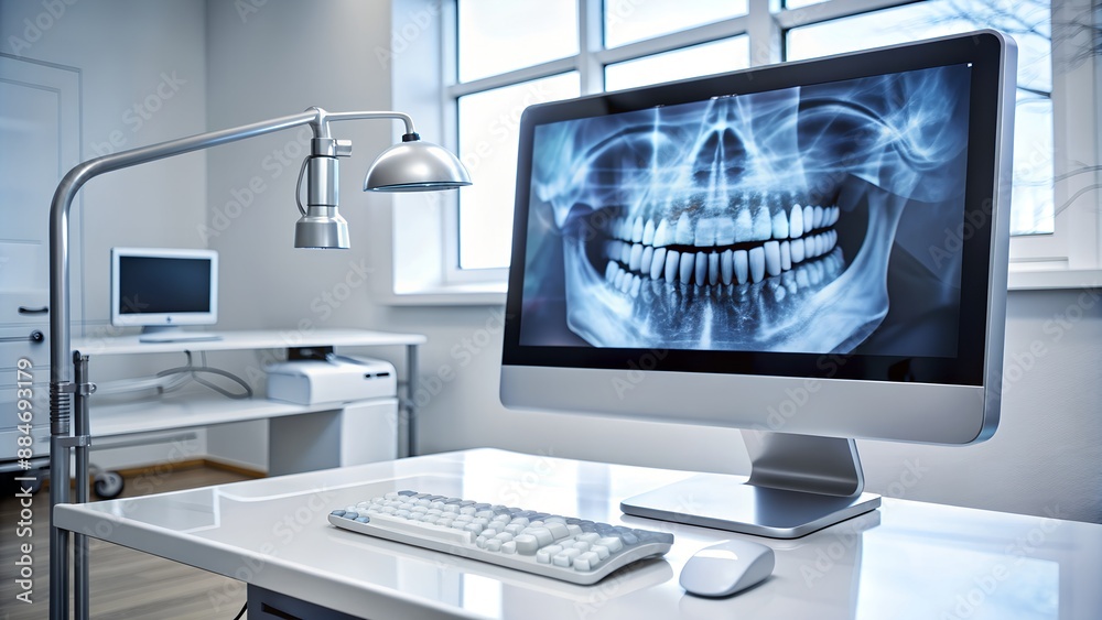 Digital dental X-ray machine with computer monitor displaying patient's ...