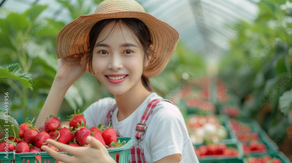 Beautiful young Asian woman happily inspects strawberries by ...