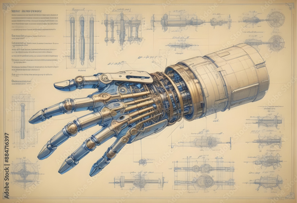 A detailed drawing of a robotic hand. The hand is made of metal and ...