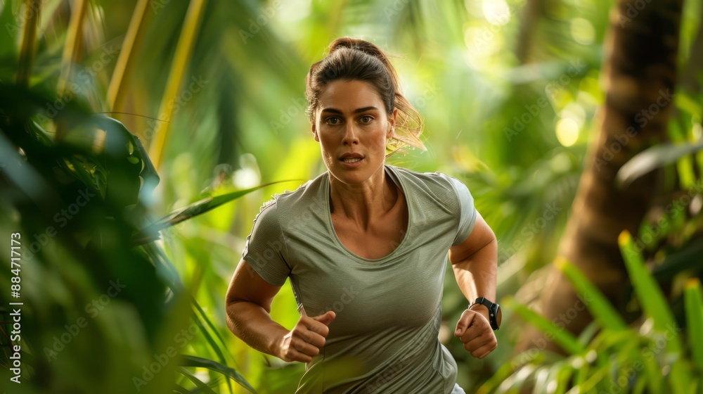 Woman running through a dense jungle, overcoming obstacles and pushing ...