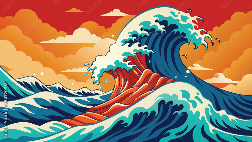 Japanese wave. Japanese big waves, raging ocean and vintage sea water ...