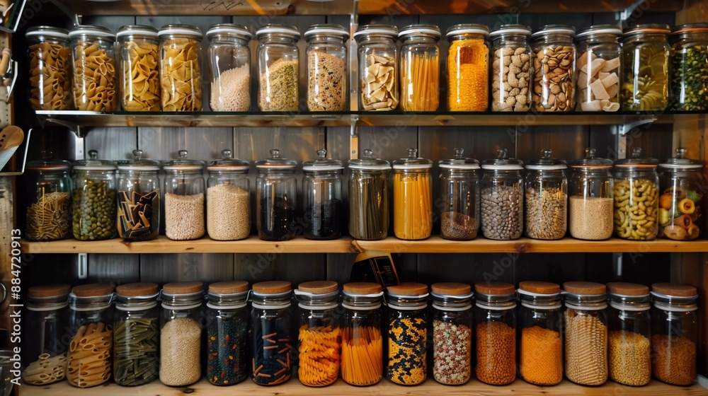 Organized Pantry Shelves with Glass Jars Filled with a Variety of Dry ...