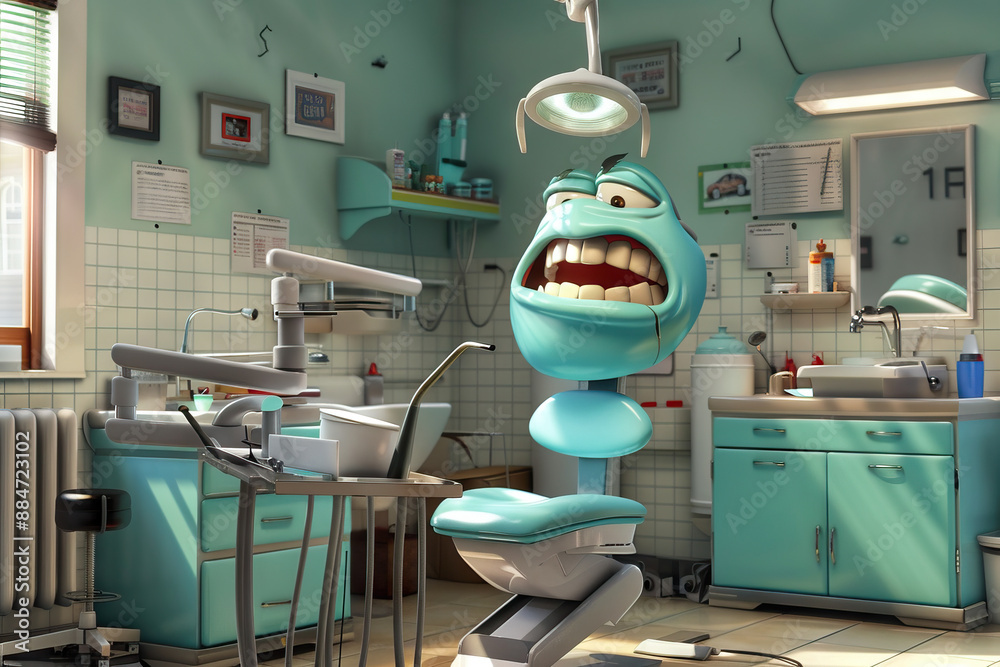 Animated 3D dentist character in blue, laughing in a well-equipped ...
