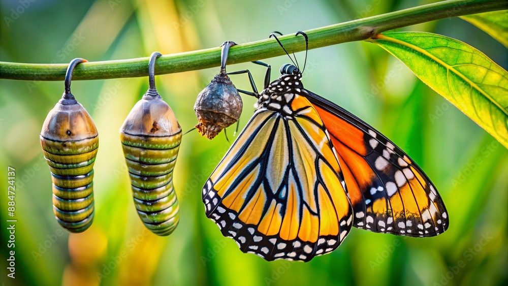 Magnificent monarch butterfly caterpillar transforms into chrysalis ...