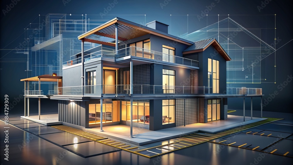 Detailed 3D architectural blueprint rendering of modern residential ...