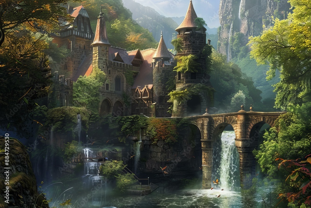 Majestic and magical enchanted forest castle landscape with lush ...