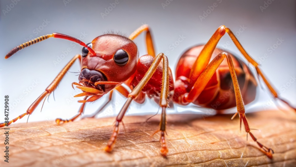 Close-up of a red ant's painful sting on human skin, isolated on white ...