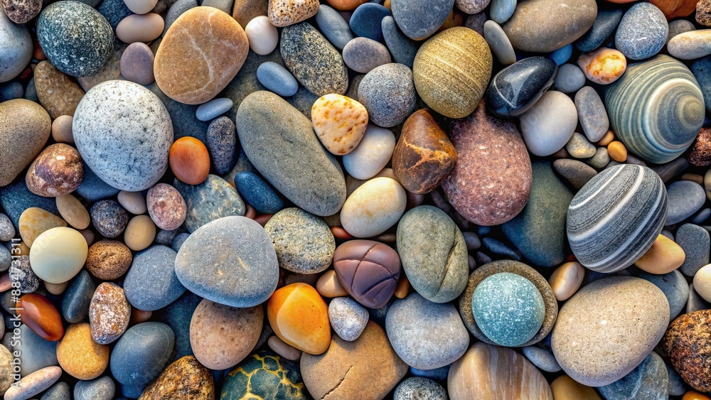 Sea stones in various shapes and sizes on a widescreen background ...