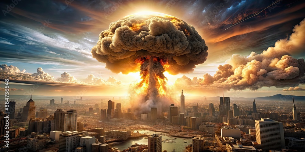 Devastating nuclear bomb explosion in a city , destruction, explosion ...