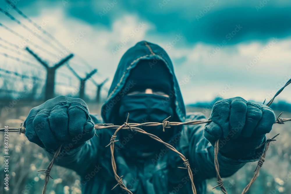 Standing against oppression concept with masked man grabbing barbwire ...