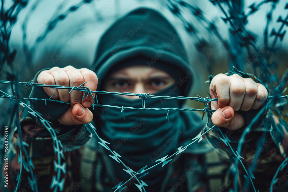 Standing against oppression concept with masked man grabbing barbwire ...