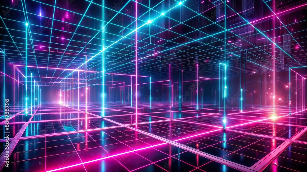 Futuristic digital realm featuring vibrant pink neon gridlines ...