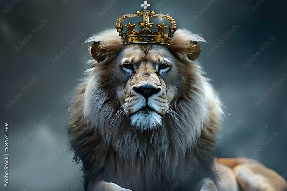 Majestic lion wearing a royal crown, symbolizing power, leadership, and ...