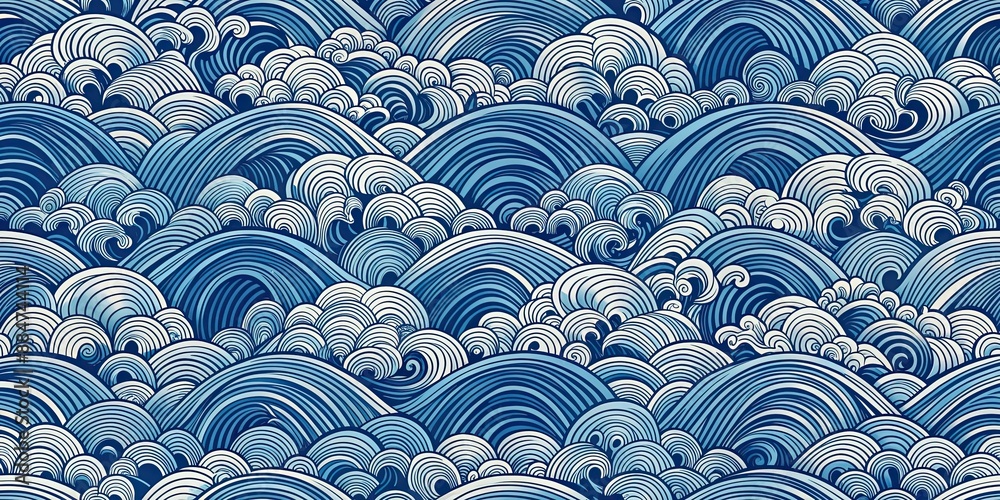 Seamless Japanese wave pattern with wood cut style blue design on ocean ...