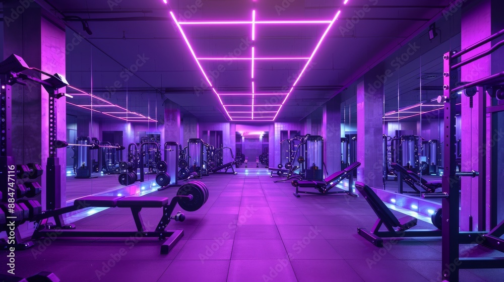 Wide angle photography of an empty modern gym room interior full of ...