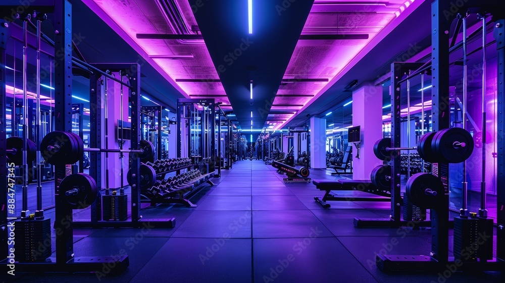 Wide angle photography of an empty modern gym room interior full of ...