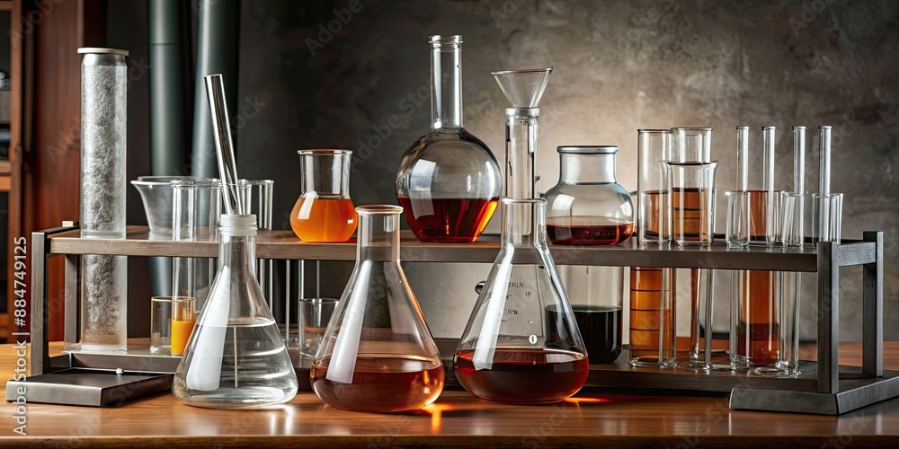 Laboratory glassware including beakers, test tubes, and flasks on a lab ...