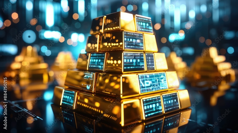 Digital gold bars stacked in a pyramid shape, symbolizing ...