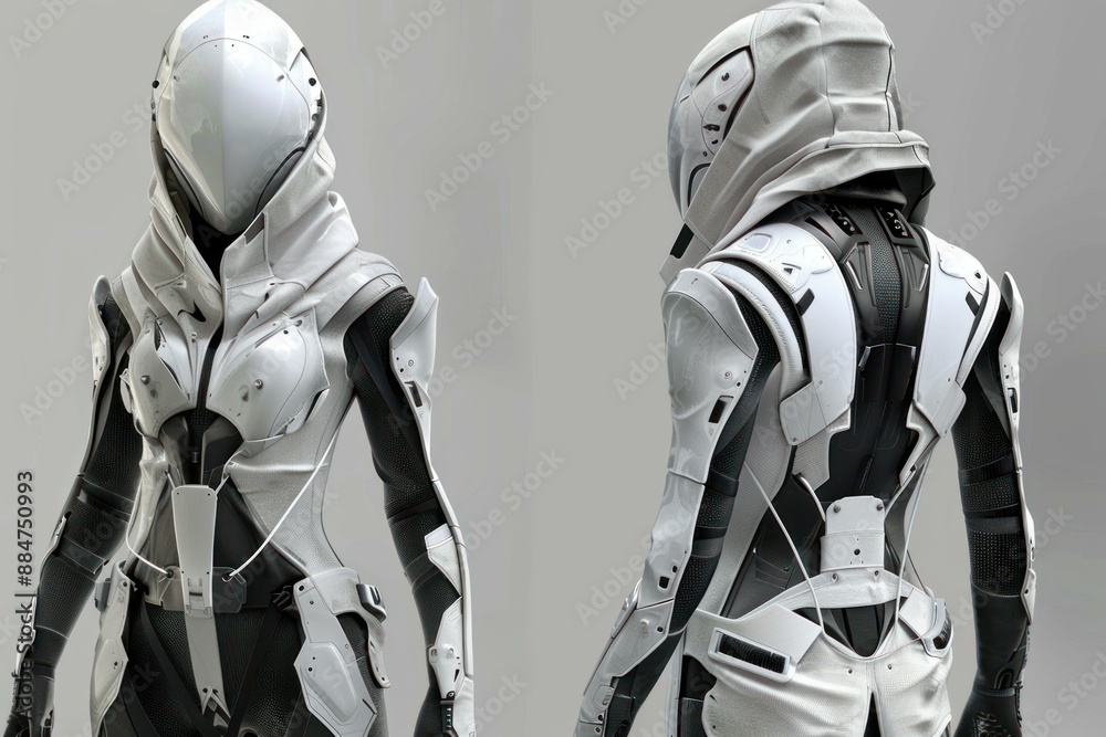 Hightech composite armor suit with helmet, showcased in a dual side and ...