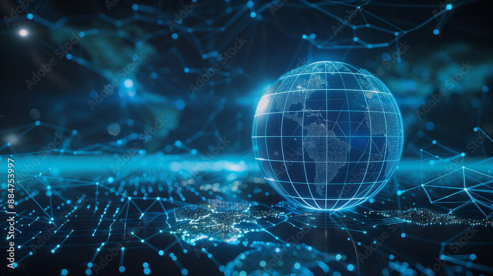 blue hologram globe with world map with glowing data streams, ai global ...