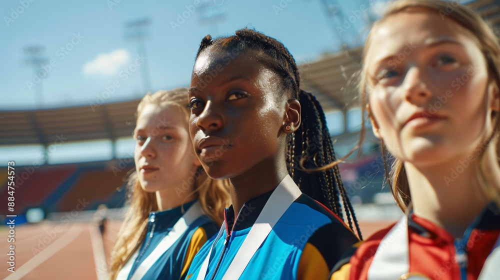 Side view of Athlete winner standing in Olympiad, victorious female ...