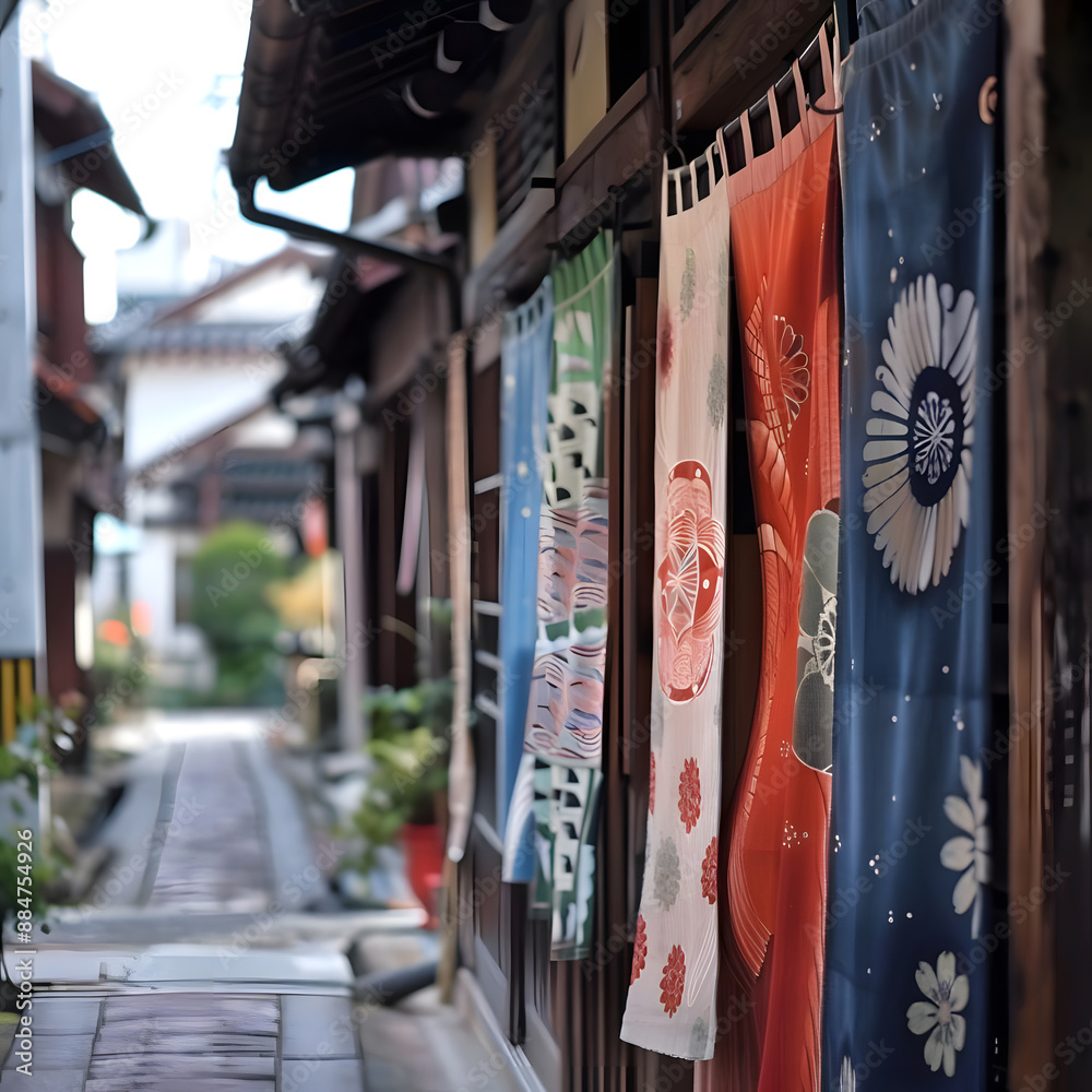 Traditional Japanese noren curtain with kanji characters and vibrant ...