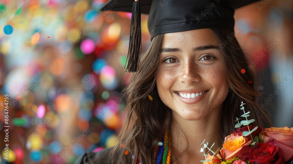 Smiling graduate in cap and gown with colorful confetti background ...