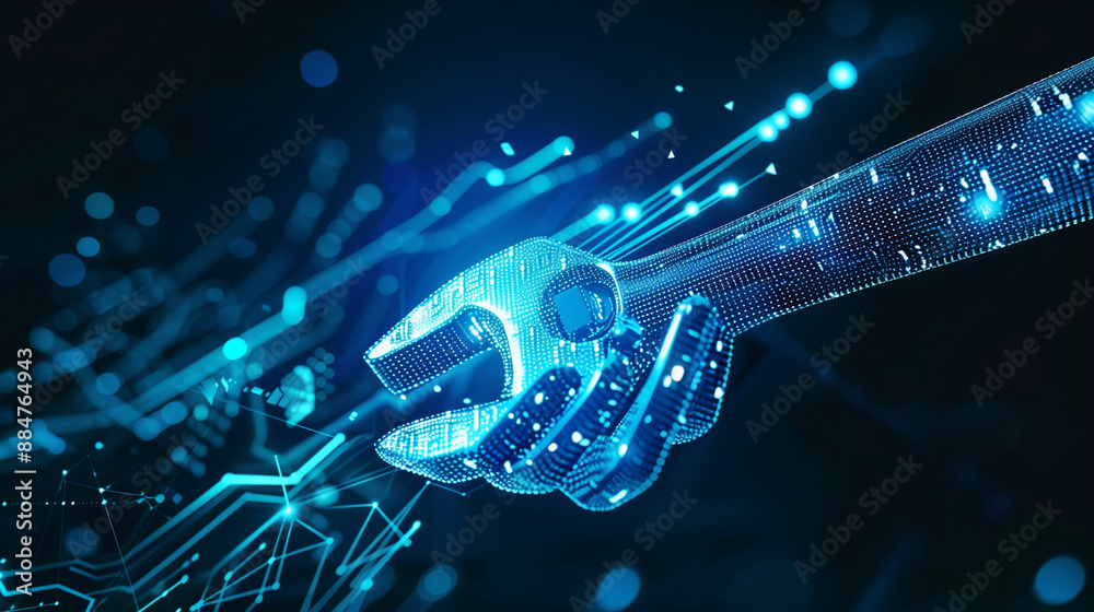 blue digital hand holding wrench spanner with glowing binary code, AI in maintenance management ...