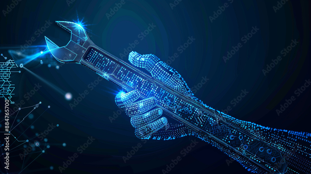 blue digital hand holding wrench spanner with glowing binary code, AI in maintenance management ...