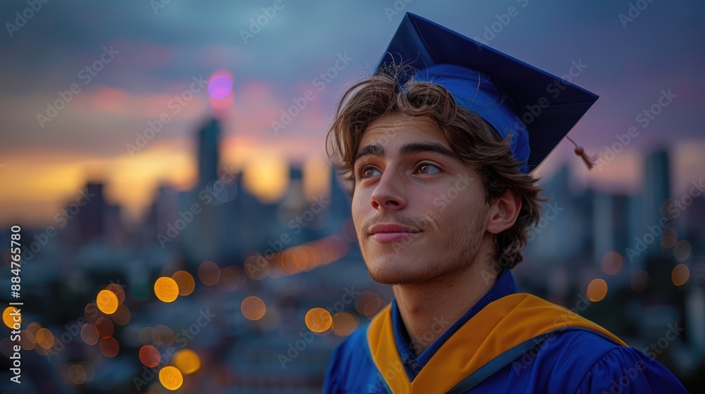 Graduate student wearing cap and gown, with cityscape at sunset in the ...