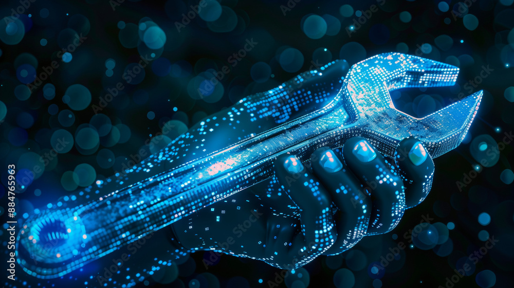blue digital hand holding wrench spanner with glowing binary code, AI in maintenance management ...