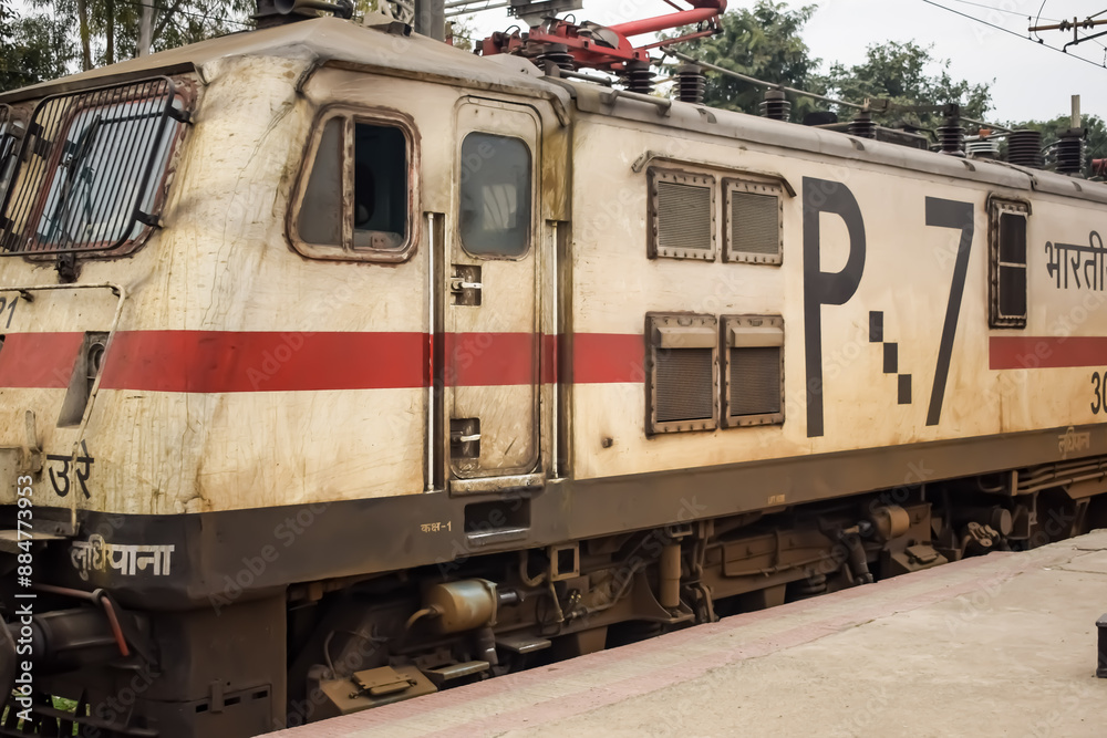Amritsar, India, June 03 2024 - Indian train electric locomotive engine ...