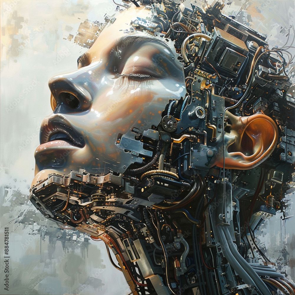 release emotion closed eyes robot human face merge circuits gears ...