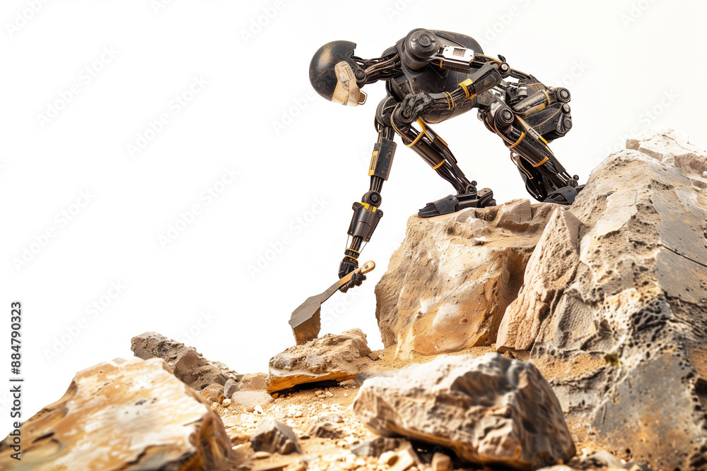Advanced AI Robot Archaeologist Conducting Excavation at Ancient Ruins ...