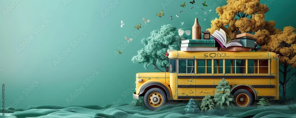 School bus with school supplies and books floating in layers on green ...