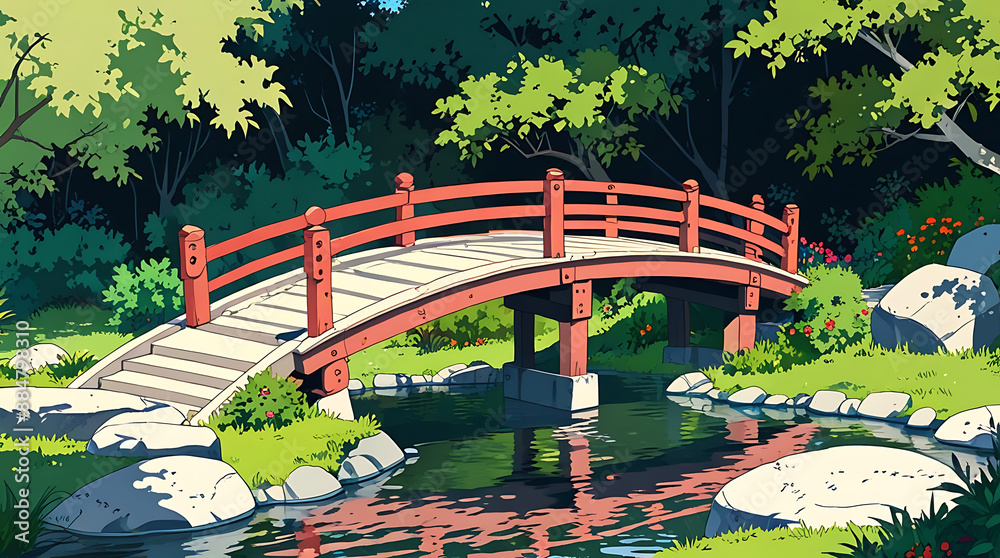 An illustration of a Japanese garden bridge (taiko-bashi), arching ...