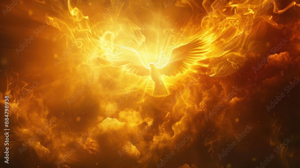 pentecost scene with holy spirit descending as dove amidst flames Stock ...