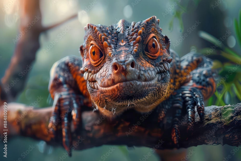 A Close-Up Look at a Small, Armored Lizard with Orange Eyes Hiding in ...