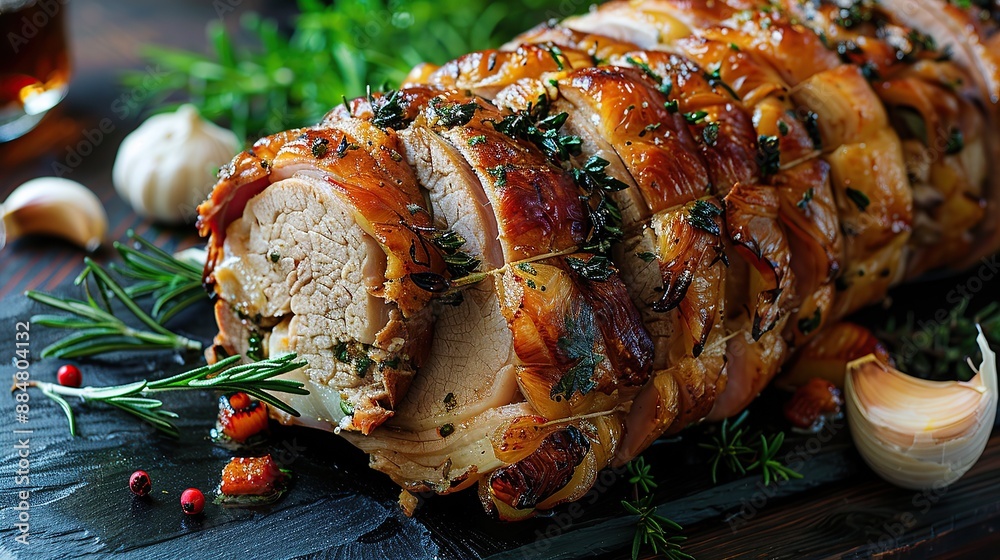 Chef cutting sliced roll, sliced roll baked veal and with spices and ...
