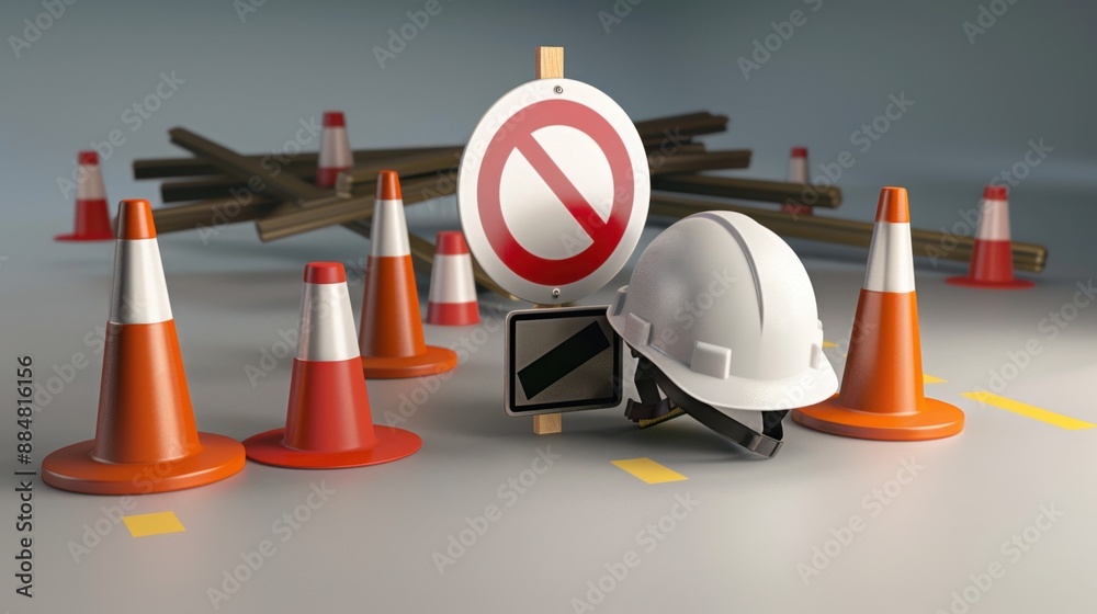 Construction site sign with traffic cones and a safety helmet, isolated ...