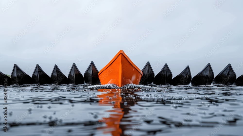 Leadership and teamwork concept with an orange leader boat leading ...