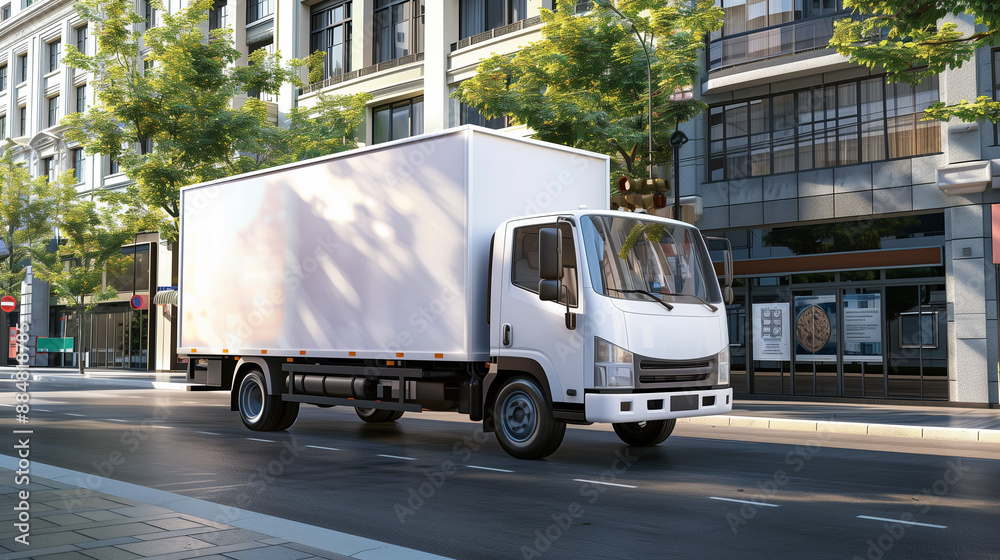 Empty white mockup on a small truck driving through the city street ...