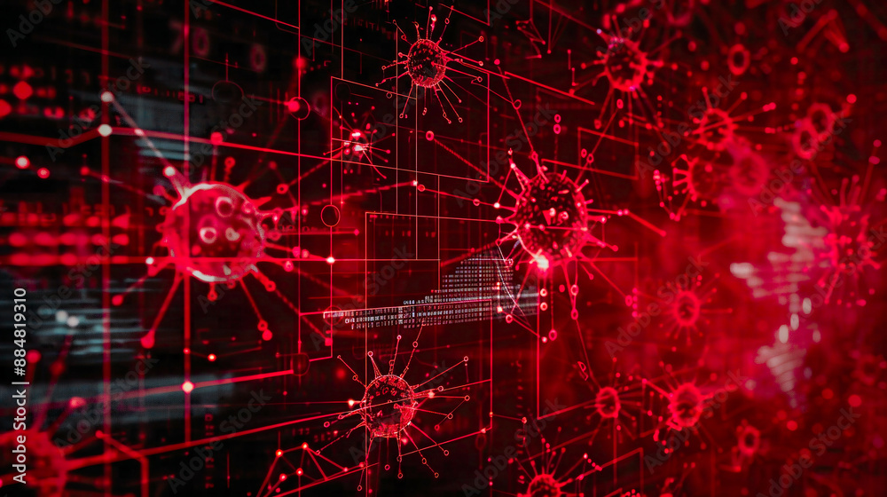 Cyber attack warning symbols over a network map mixed media danger of hack attacks ...
