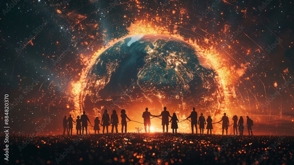 A stylized futuristic scene of people from different races and walks of ...