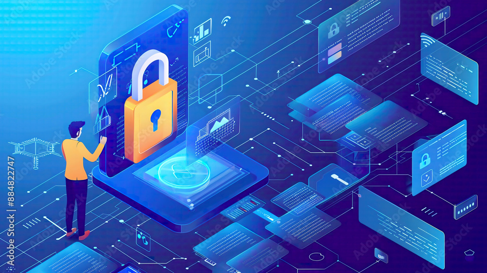 Digital File Protection And Cyber Security Concept Man Using A Security Key To Access Secure