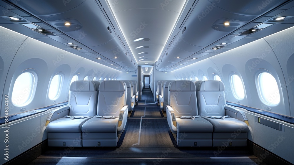 An airplane cabin interior with a modern and sophisticated design The ...