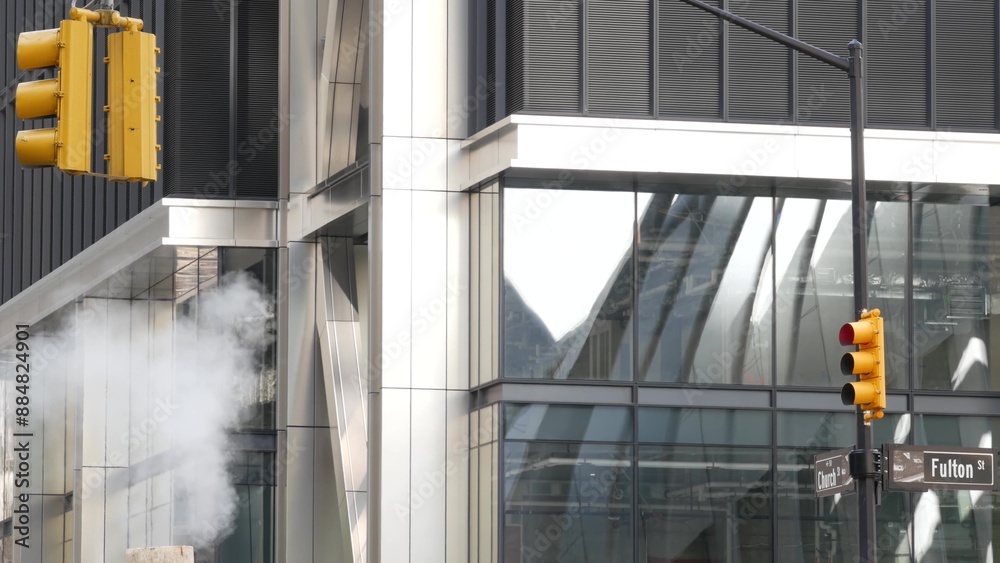 Steam vapor vented, New York City Church, Fulton street, orange vapour ...