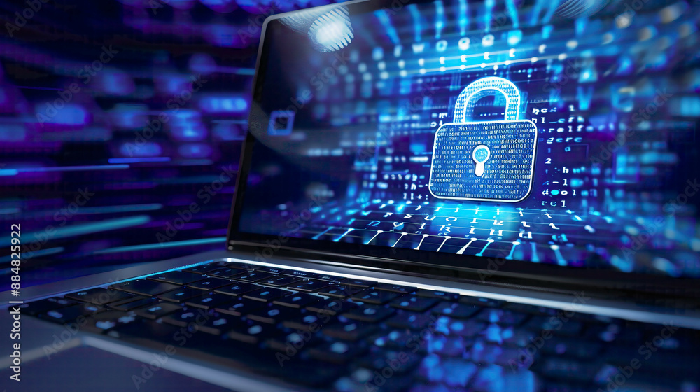 Illustration featuring a lock icon depicted on a laptop monitor ...